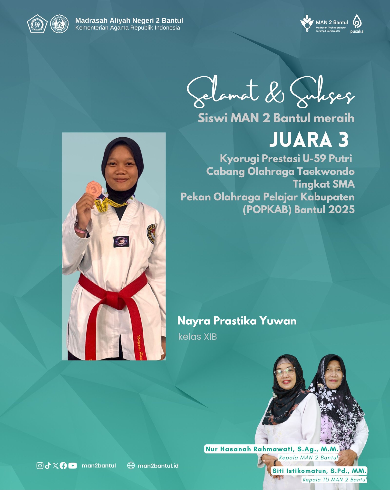 Siswa MAN 2 Bantul Juara 3 Taekwondo POPKAB 2025 - MAN 2 Bantul